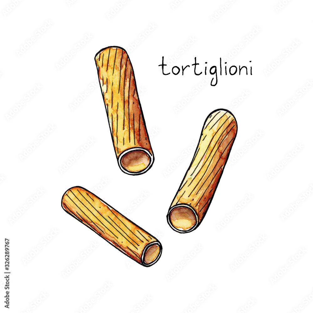 Hand drawn watercolor sketch illustration of Pasta Tortiglioni with ...