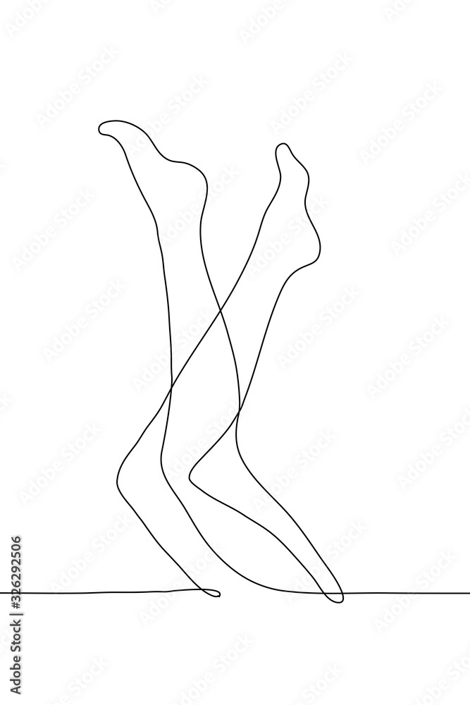 Female legs are lifted up and bent. Black outline on a white background ...