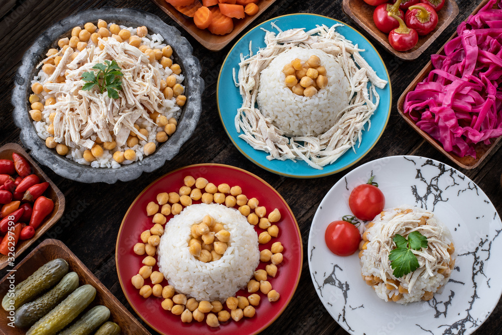 Turkish traditional street food chicken and rice with chickpeas ...