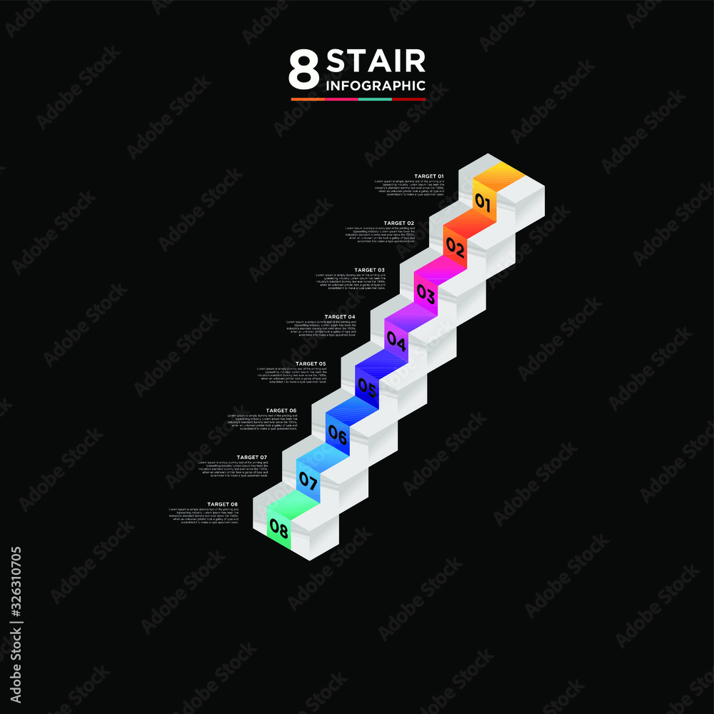 8 stair step timeline infographic element. Business concept with eight ...