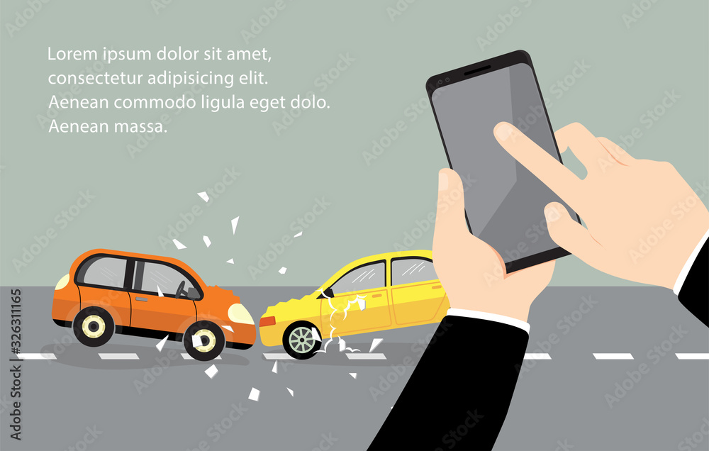 Hand holding smartphone with car crash. Two cars hit head-on the road ...