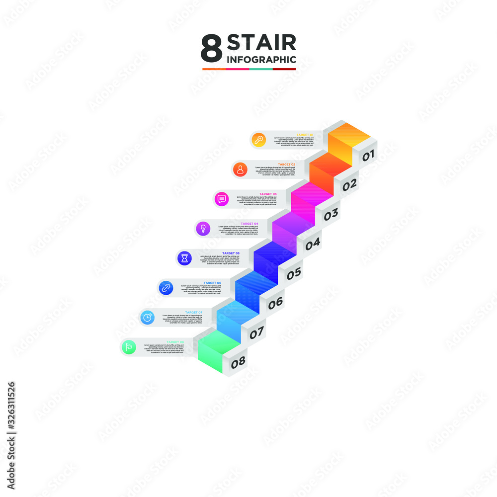 8 stair step timeline infographic element. Business concept with eight ...