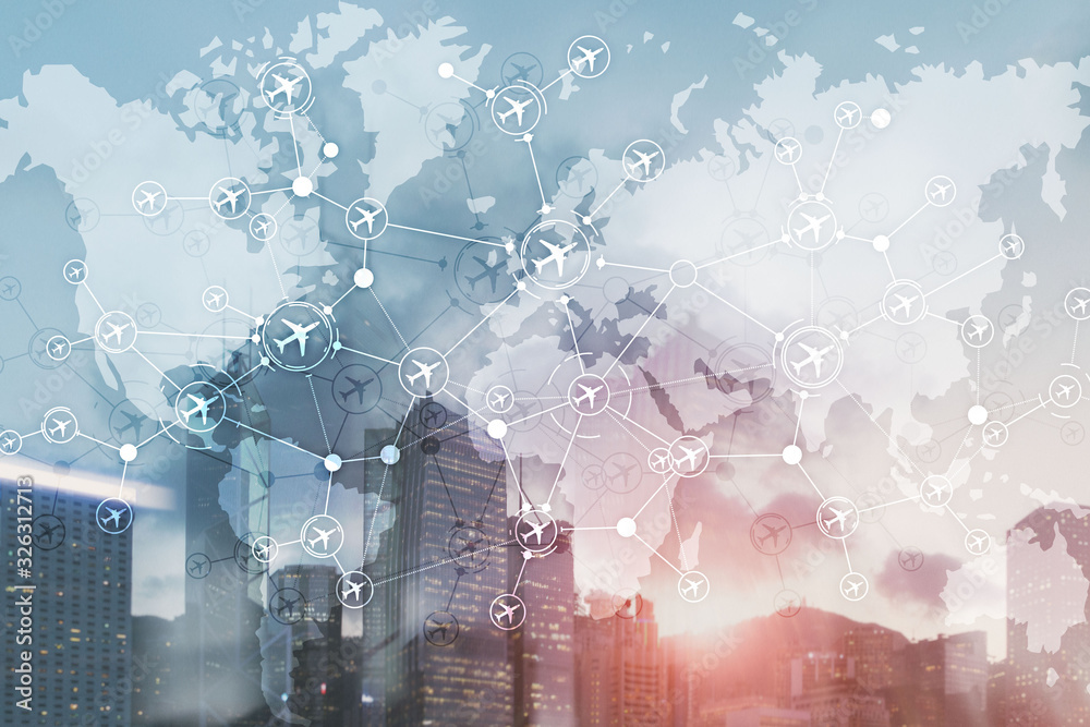 Airplane icons on modern city background. Flight schemes. Stock Photo ...