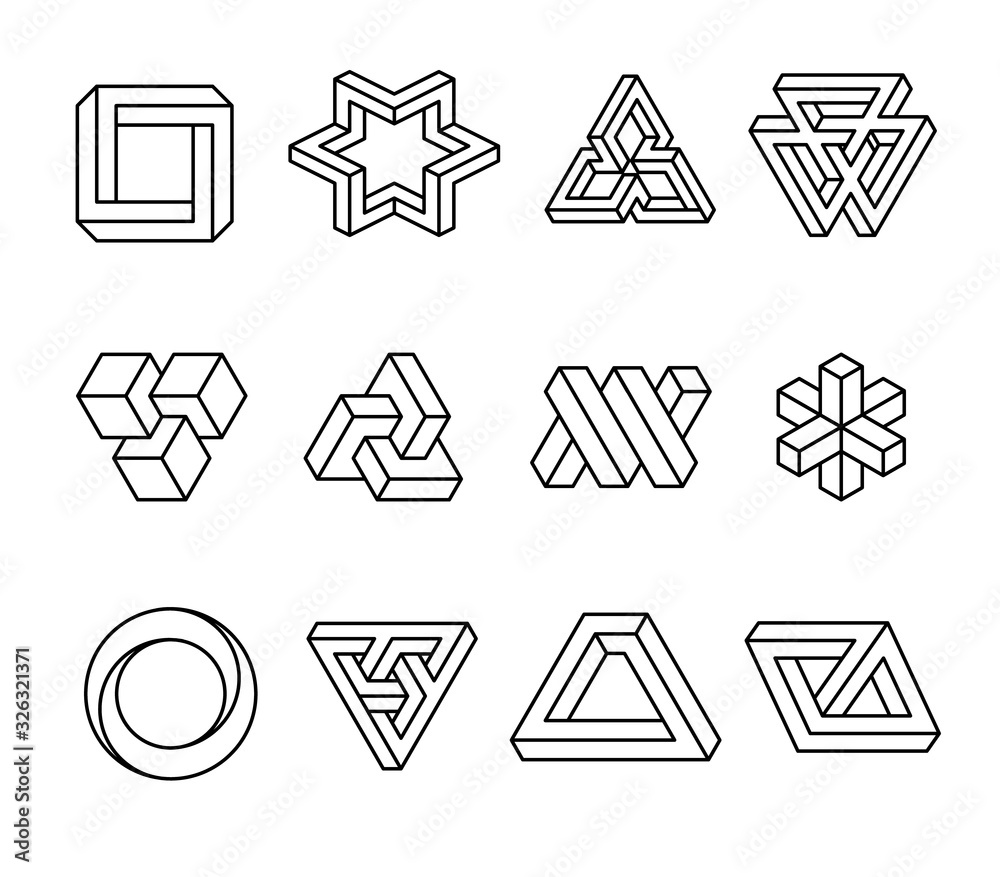 Impossible shapes, optical illusion objects. Vector illustration ...