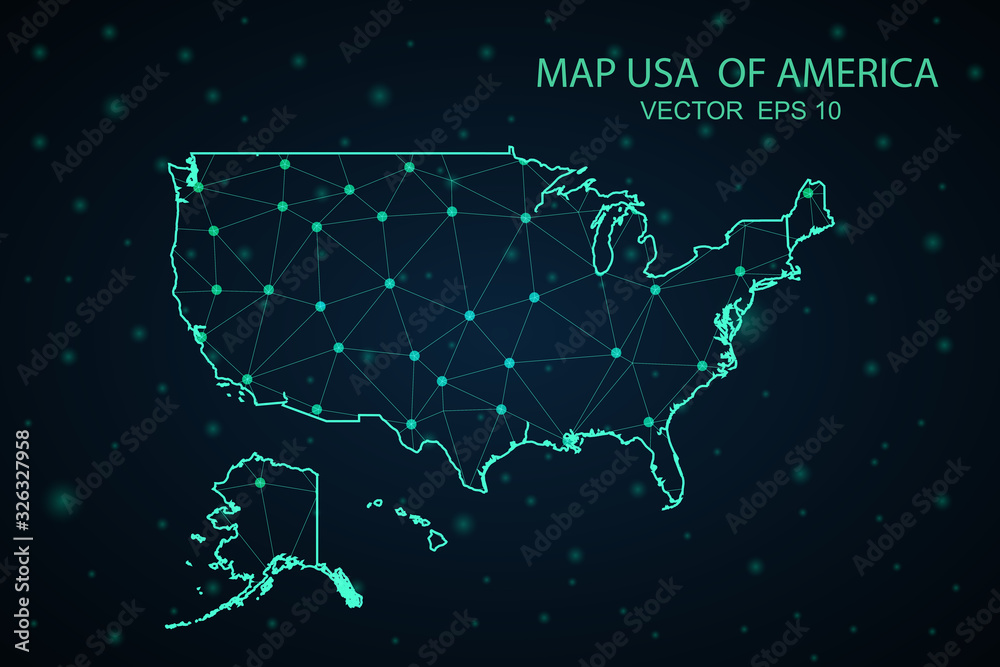 Abstract mash line and point scales on dark background with Map of usa ...