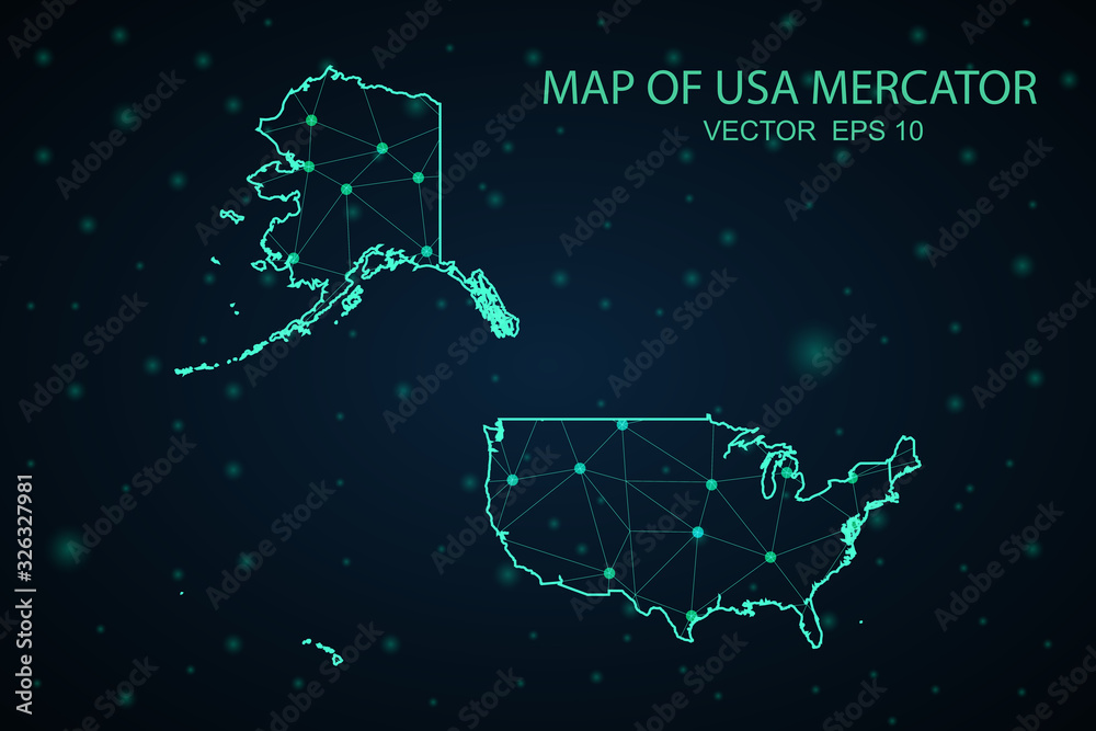 Map of USA Mercator. Wire frame 3D mesh polygonal network line, design ...