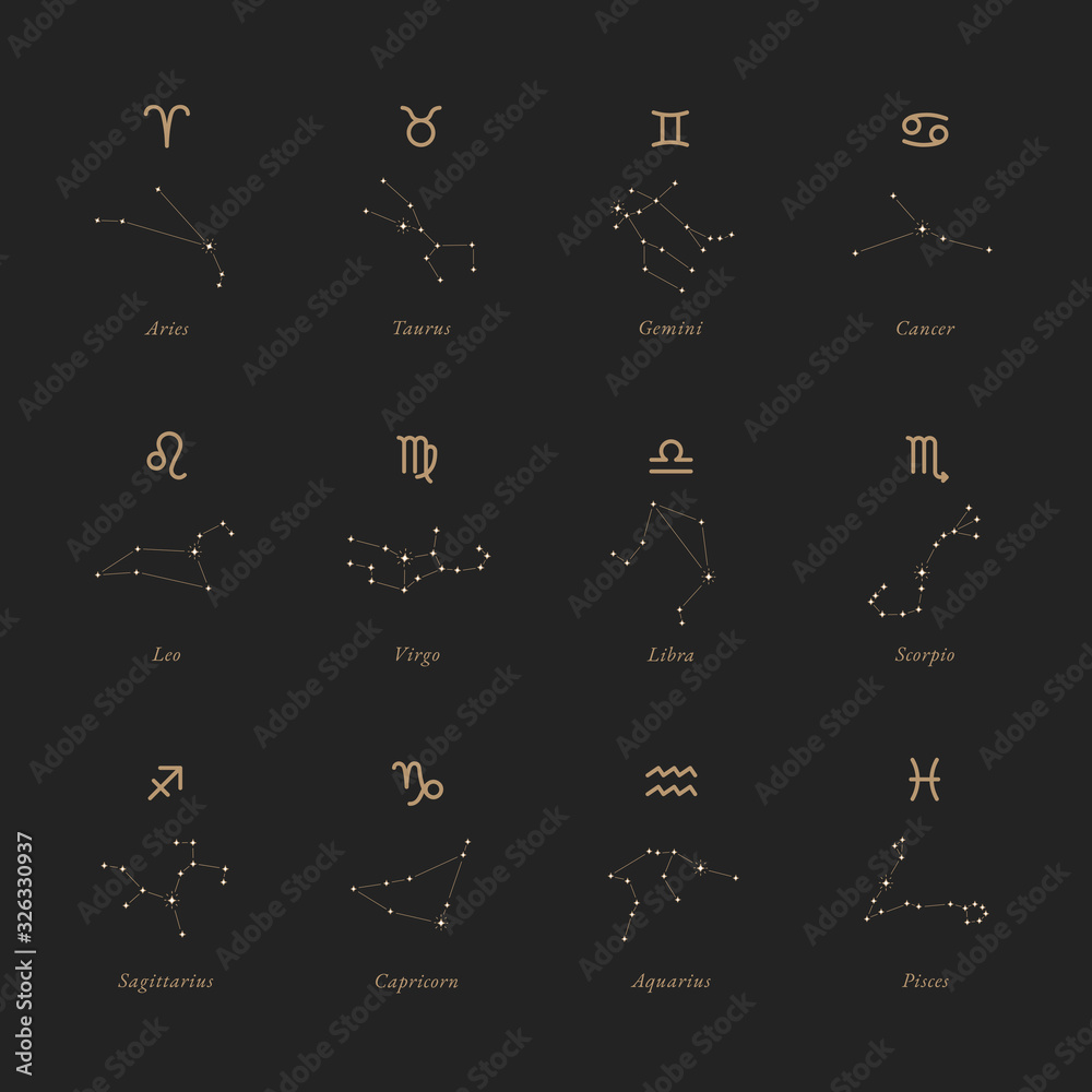 Constellations Vector Design. Zodiac signs. Black and gold Minimalistic ...