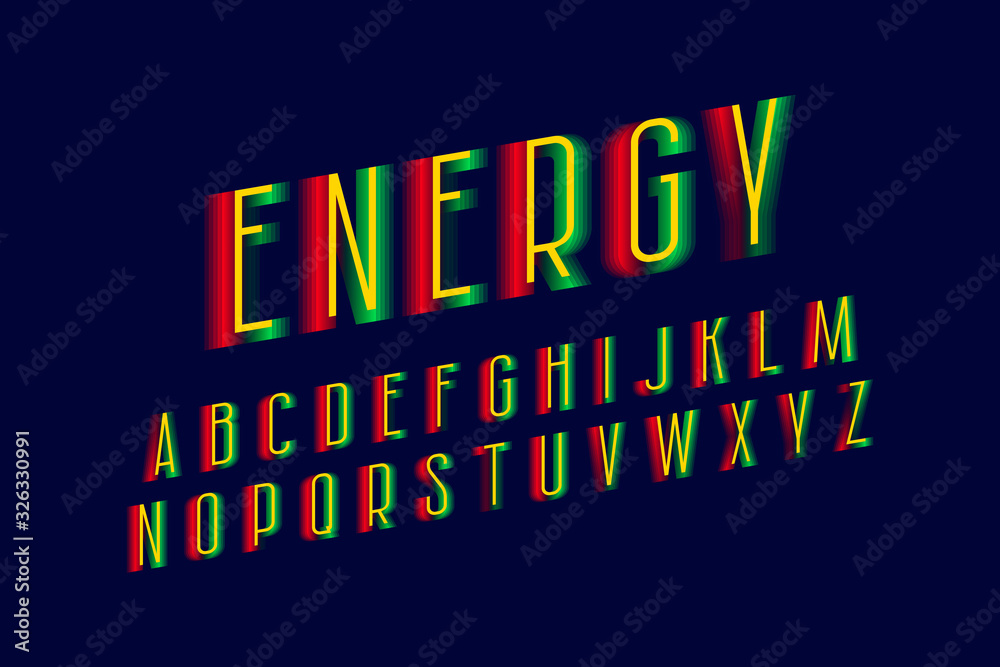 Energy alphabet of red green yellow letters. Vibrant display font ...