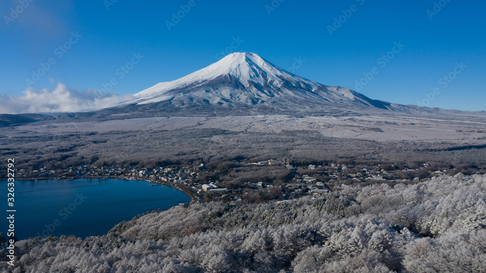 Aerial view of Mount Fuji in winter, iconic snow-capped symbol of Japan ...