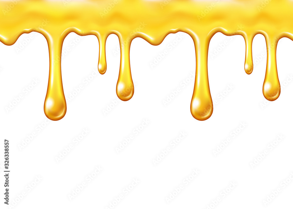 Honey drip seamless pattern isolated on white background. Golden butter, caramel, orange ...