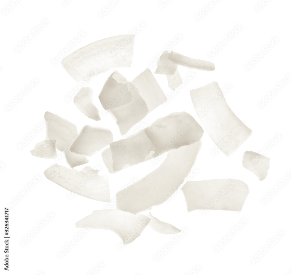 Fresh coconut flakes on white background, top view Stock Photo | Adobe ...