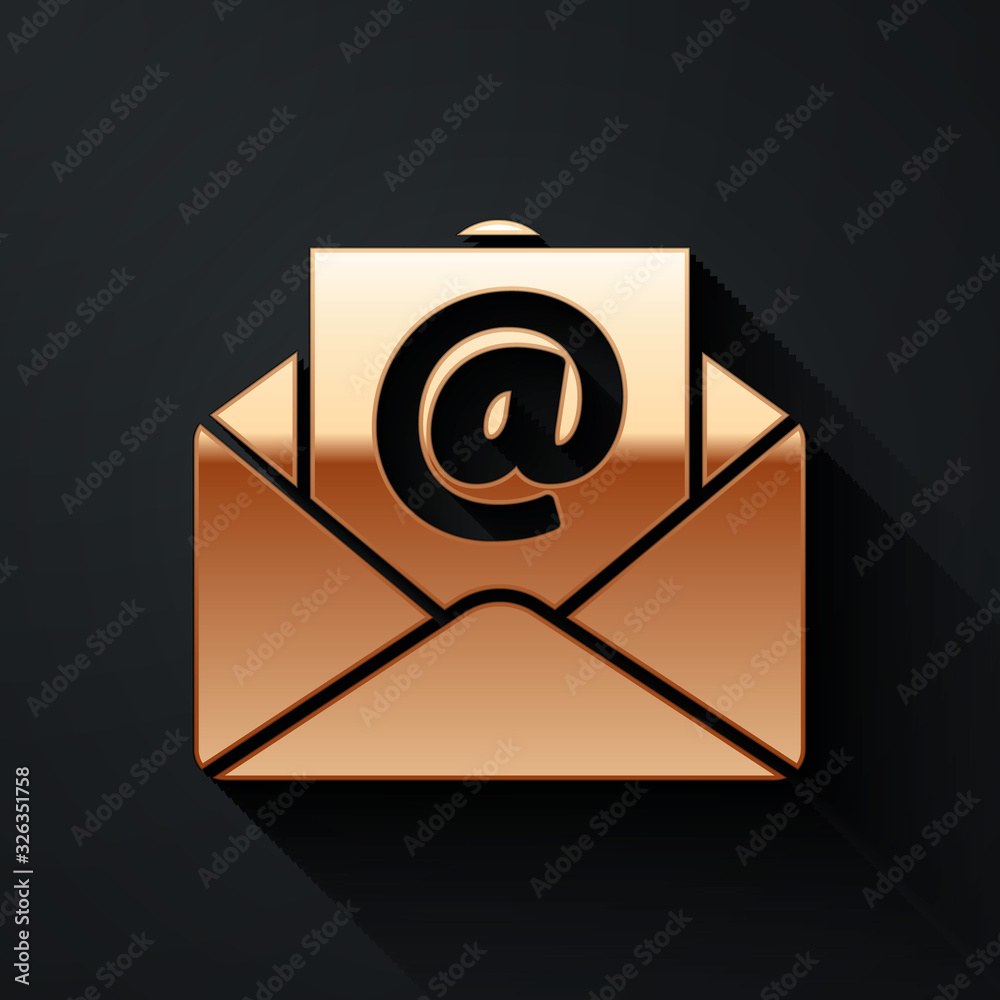 Gold Mail and e-mail icon isolated on black background. Envelope symbol ...
