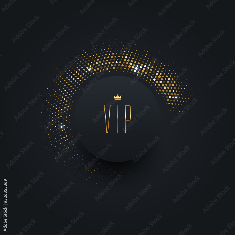 Vip black label with golden crown on a black background with shining ...