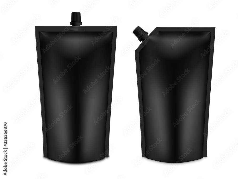 Realistic 3D Black Blank Doy Pack Mock up set. Vector Doypack Template ...