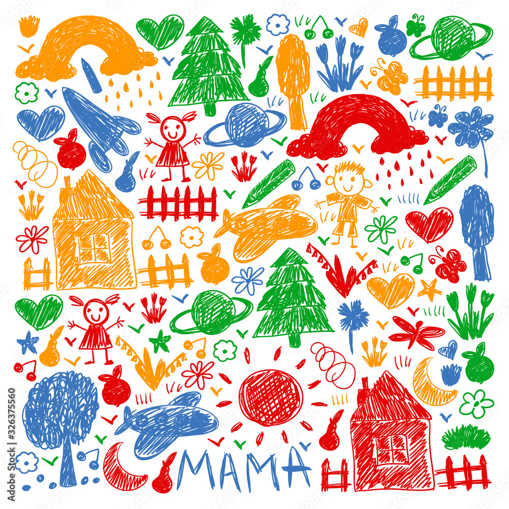 Kindergarten pattern with funny kids drawing. Vector illustration ...