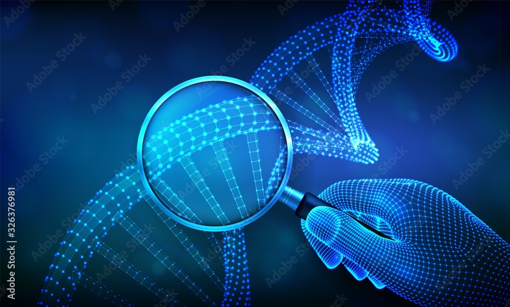 Genetic engineering concept with magnifier in hand and DNA sequence ...