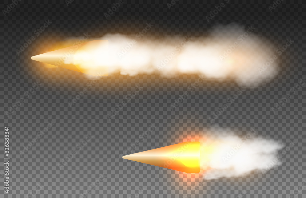 Set of realistic flying bullet. Smoke traces, special effects steps of ...