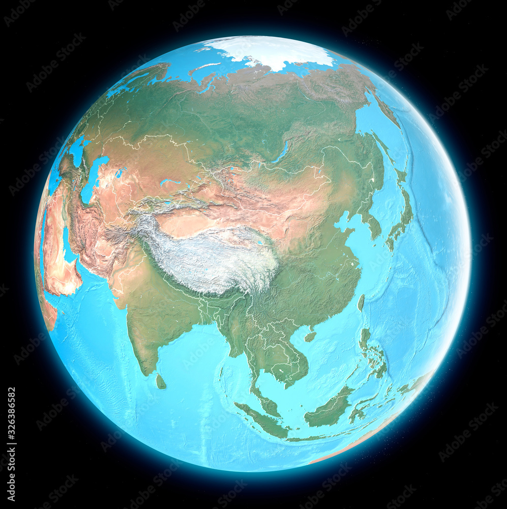 Globe map of Asia, satellite view, geographical map, physics ...