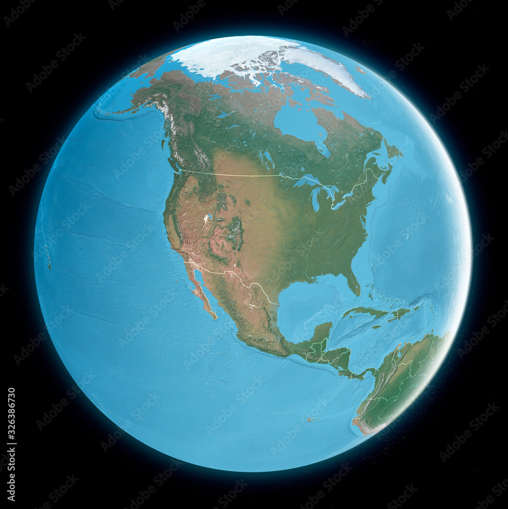 Globe map of North America, satellite view, geographical map, physics ...