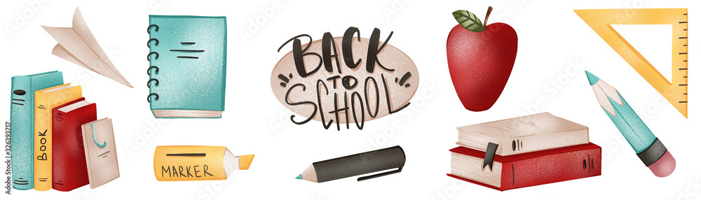 Stack of books, the inscription back to school, apple, pen, ruler cute ...