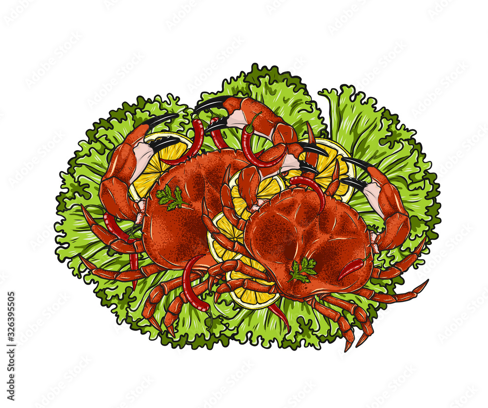 Stone Crab with lemon and vegetable on white background.Stone Crab ...
