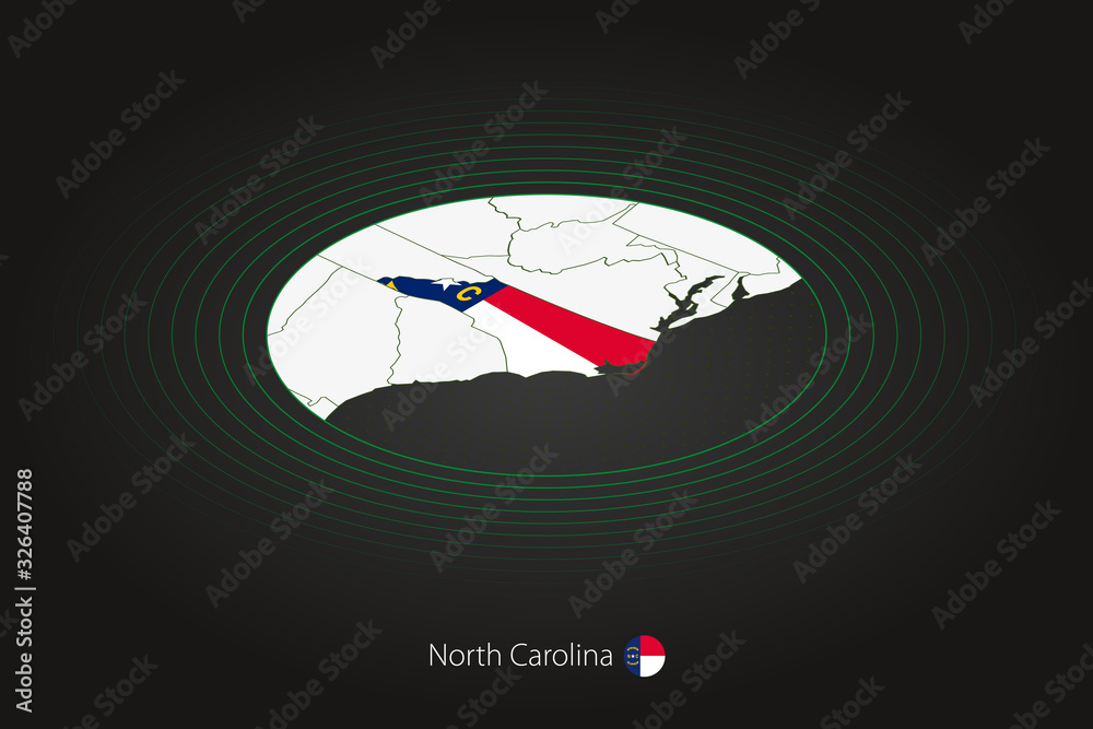 North Carolina map in dark color, oval map with neighboring US states ...