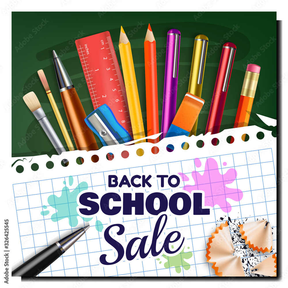 Back To School Advertise Bright Poster Vector. Notebook List With ...
