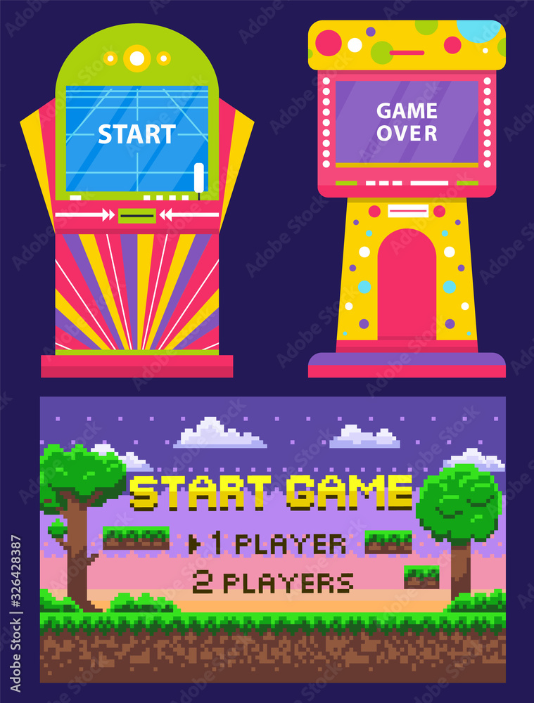 Vintage arcades, colorful retro game machines. Cartoon pixel art nature ...