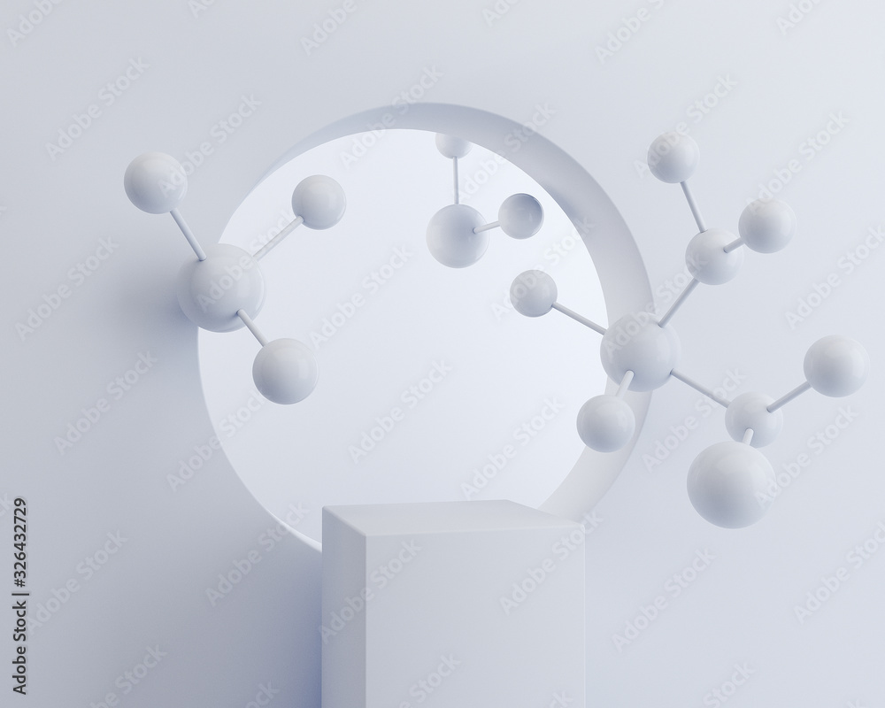 White cube box with molecule on white wall, display podium mockup ...