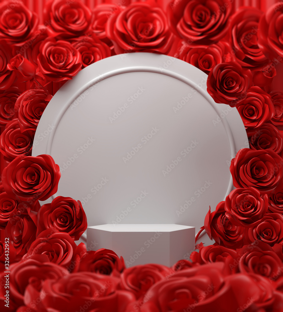 Bouquet of fresh rose red flower background with white podium stage ...