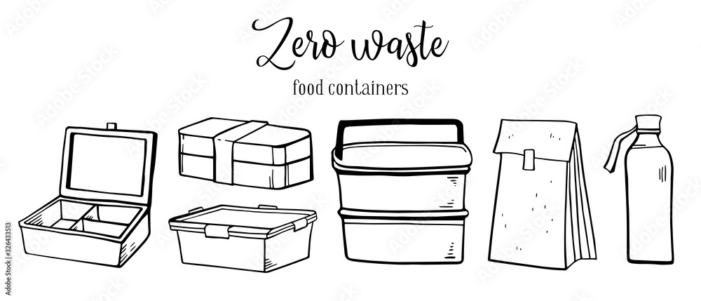 Set of different food containers, paper bag and glass bottle. Eco ...