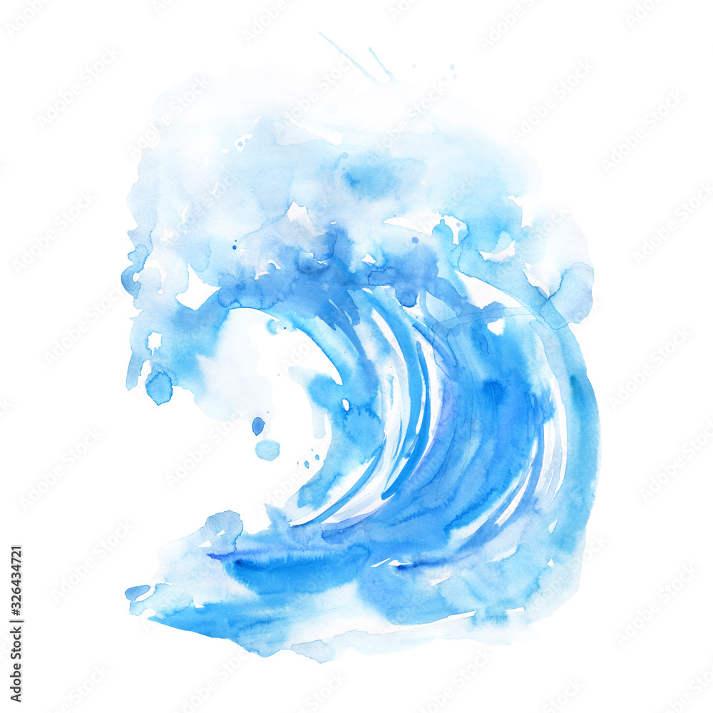 Watercolor wave illustration. Hand painted blue texture on white ...