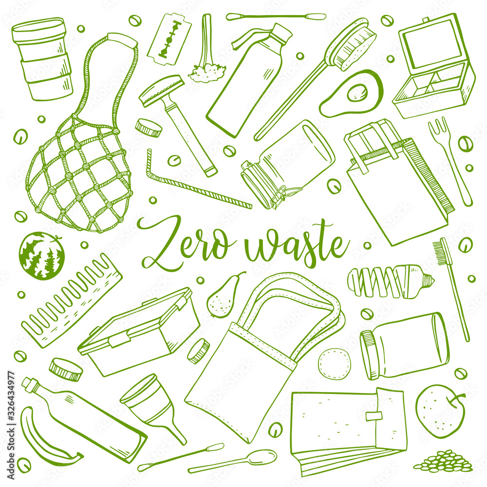 Set of zero waste objects. Eco bags, bottles, containers, food, brushes ...