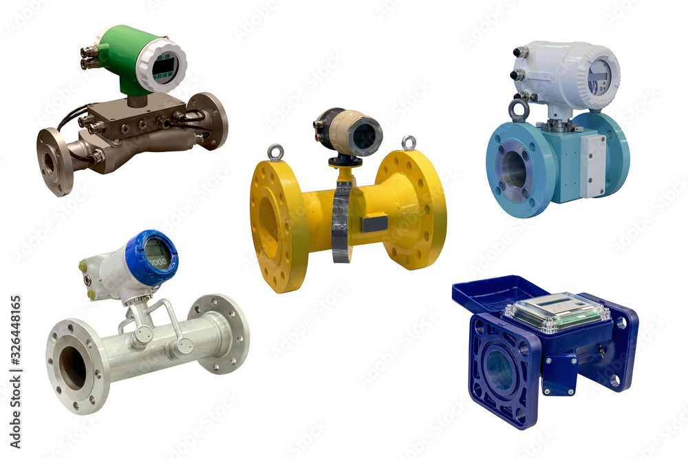 five modern industrial gas meter high precision digital isolated on ...
