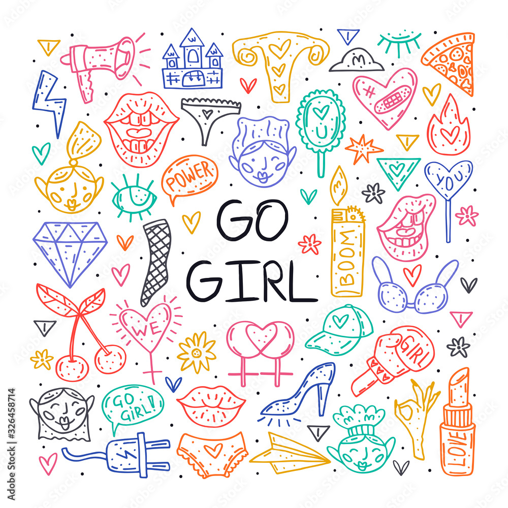 Go girl cute cartoon hand drawn doodle vector clip art, stickers, icons, set of design elements ...