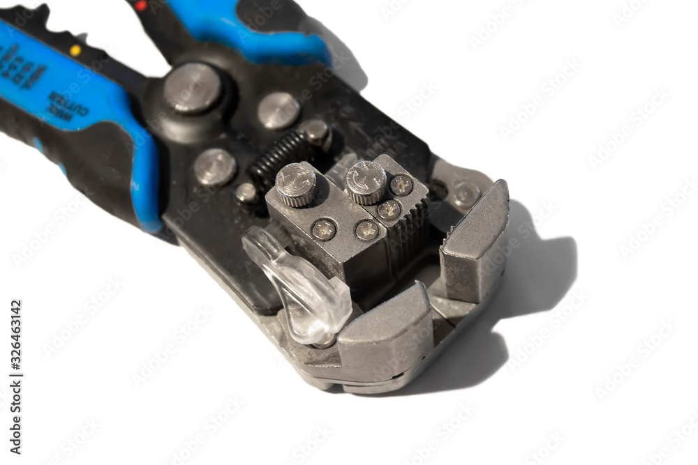 Professional blue wire strippers isolated on white background. Tool for ...