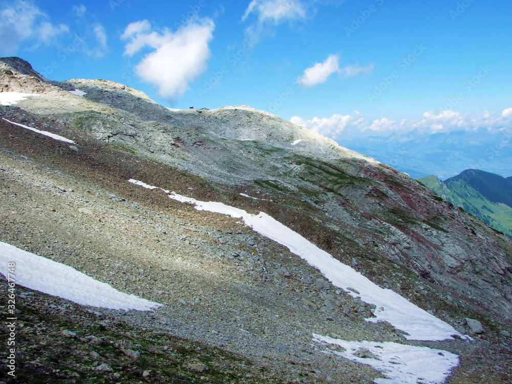 Rocks and stones of the Liechtenstein Alps mountain massiv and over the ...
