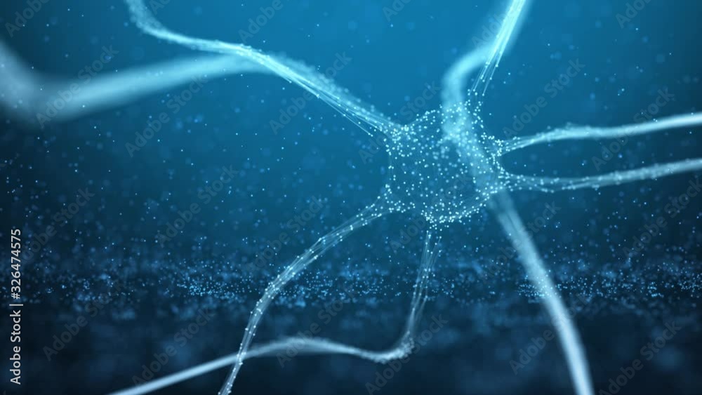 Neuron cell motion on abstract blue background, with falling particles ...