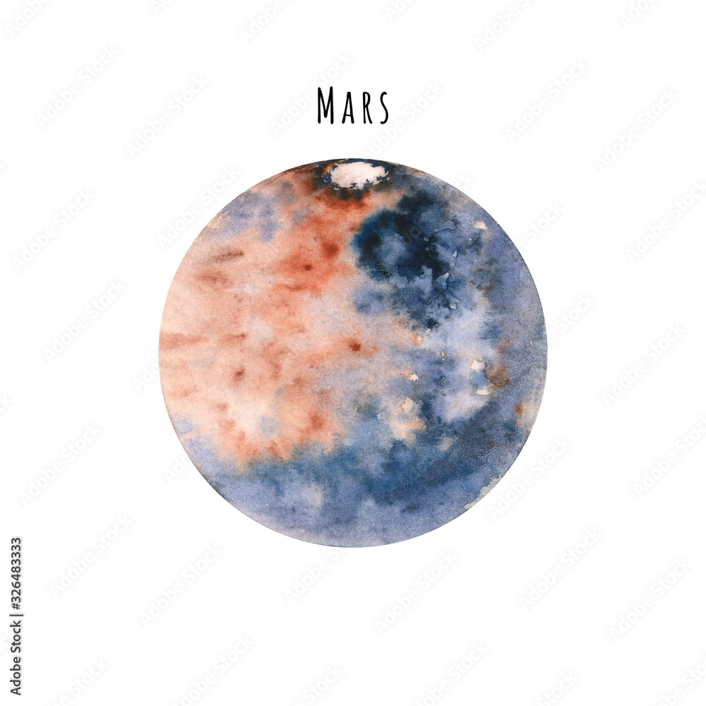 Watercolor Mars. Hand drawn illustration is isolated on white. Painted ...