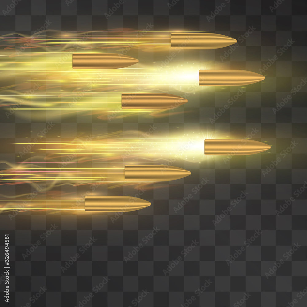 Fired bullets set with shining trails, flying to the target. Aggressive ...