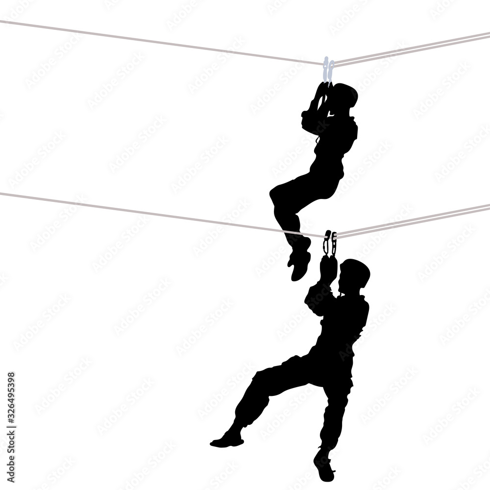 Rope crossing. The black silhouette of a young man climber tourist ...