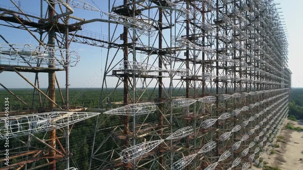 Aerial view of the DUGA radar station near the city of Chernobyl-2 ...