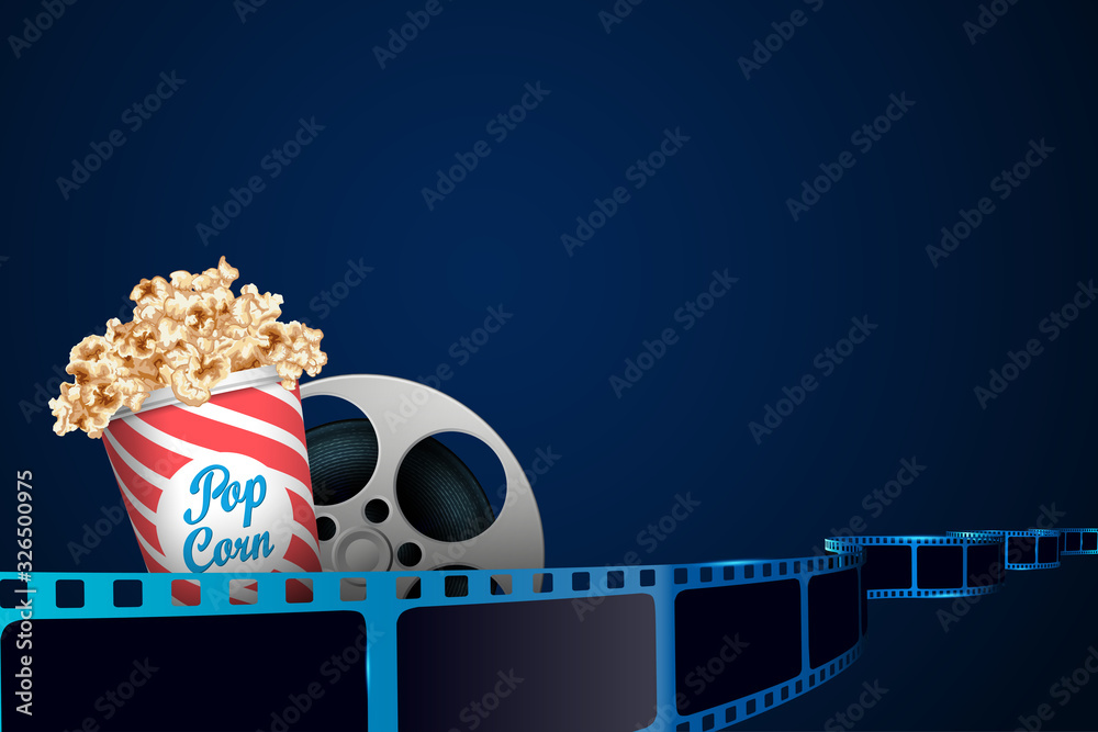 Film reel, popcorn, film strips in waveform. Modern cinema background ...