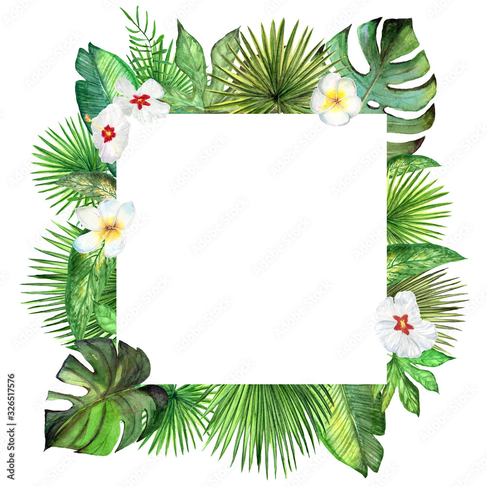 Watercolor tropical plant leaves and exotic flowers square frame ...