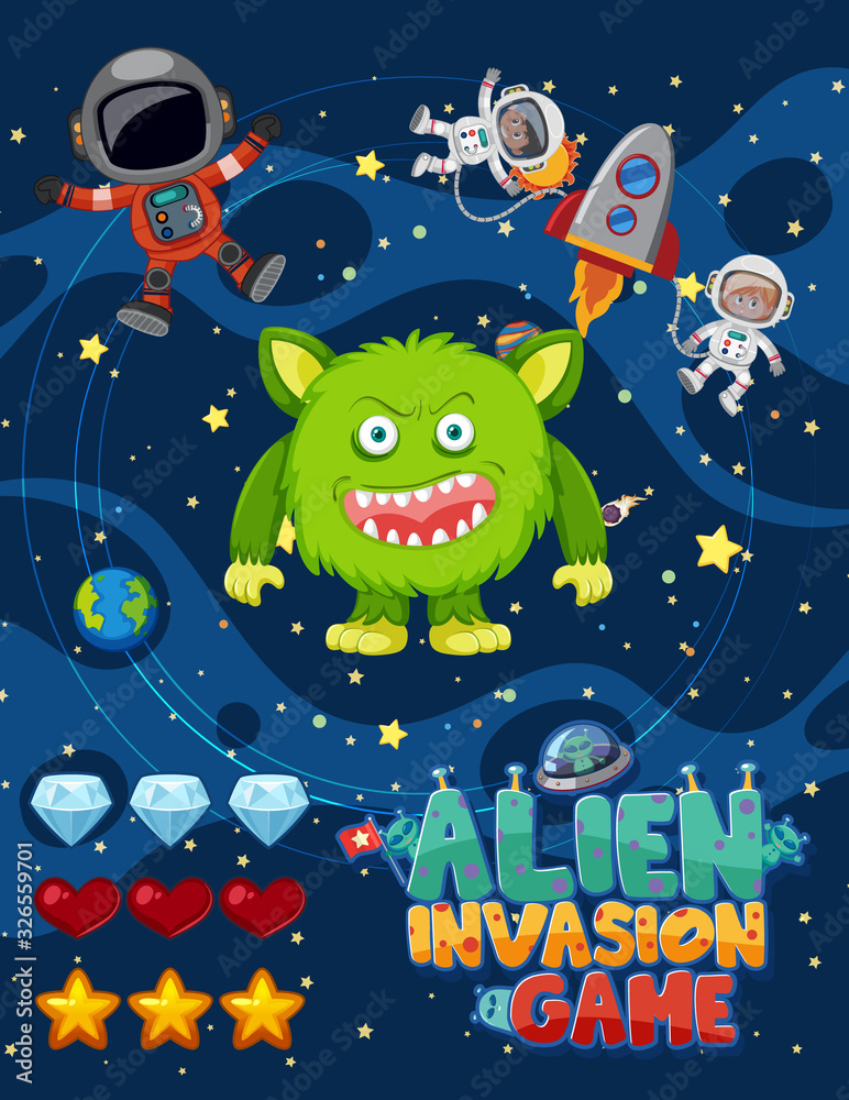 Screen design for game template with alien and astronaut in space Stock ...