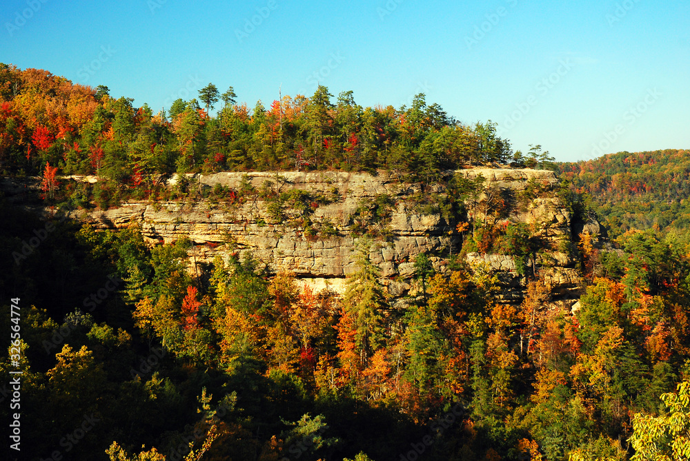 Fall foliage surrounds a rock faced mountain Stock Photo | Adobe Stock