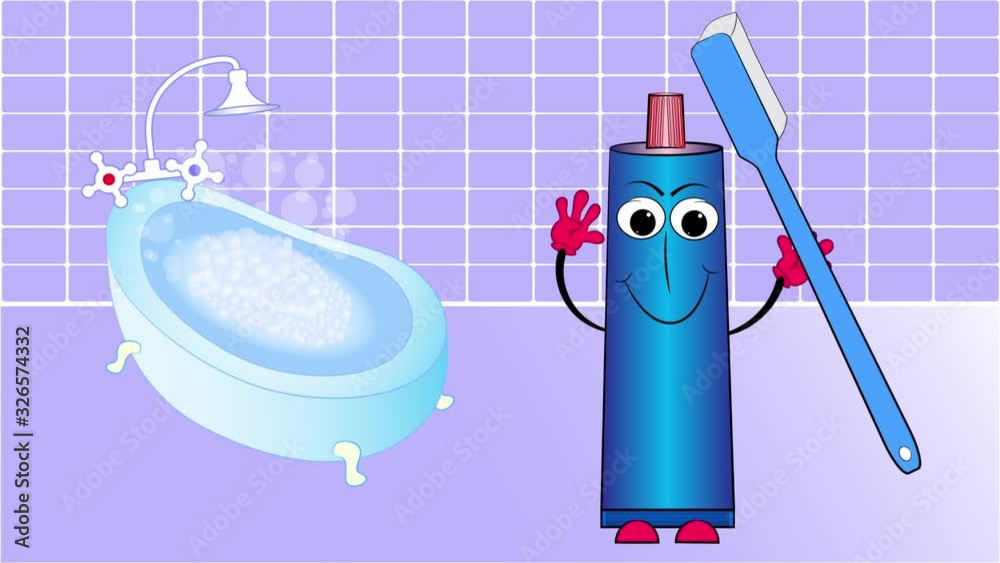toothpaste and toothbrush in the bathroom. cartoon animation. video ...