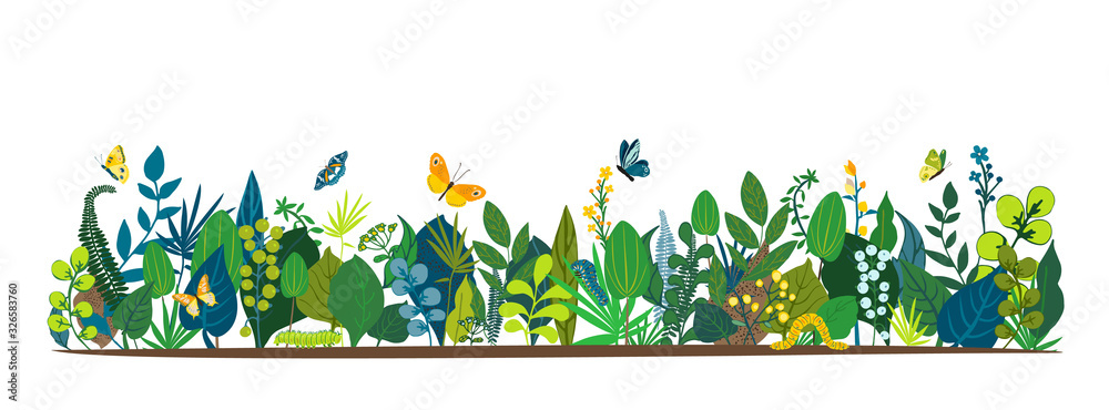 Beautiful floral background, panorama. Leaves, colorful flowers ...