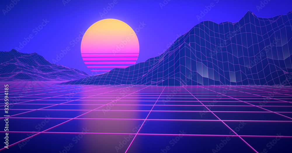 synthwave wireframe 80s retro background.Retrowave horizon landscape ...