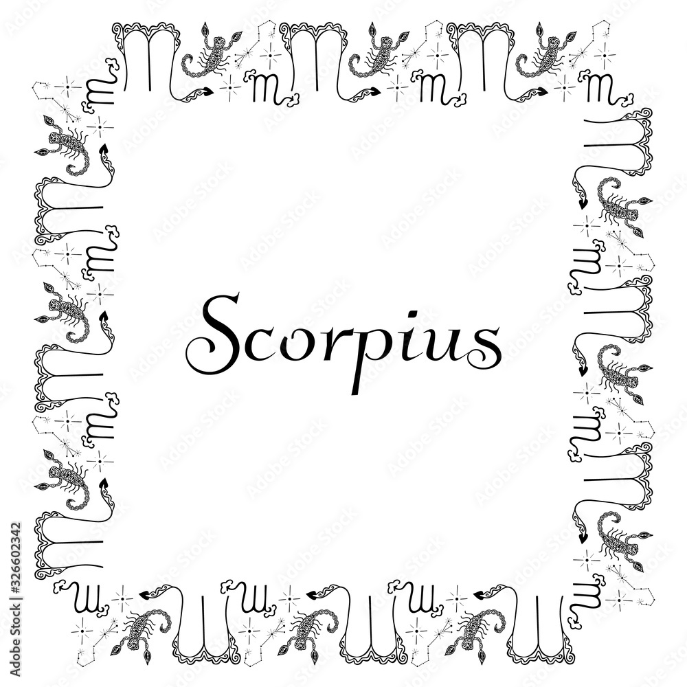 Black and white square banner for the zodiac sign Scorpius. Border from ...